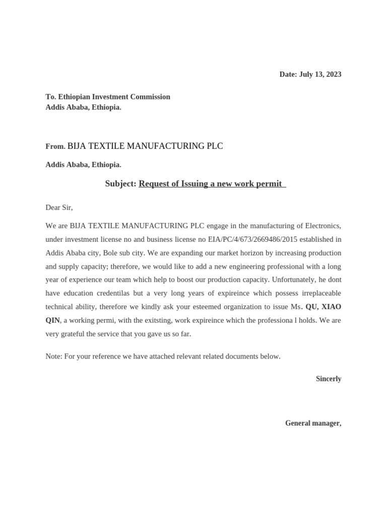 Work Permit Request for New Hire | PDF