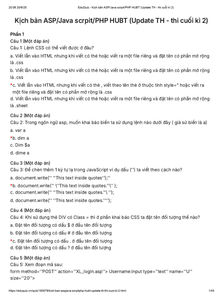 Kịch Bản ASP - Java Scrpit - PHP HUBT (Update TH - Thi Cuối Kì 2) | PDF