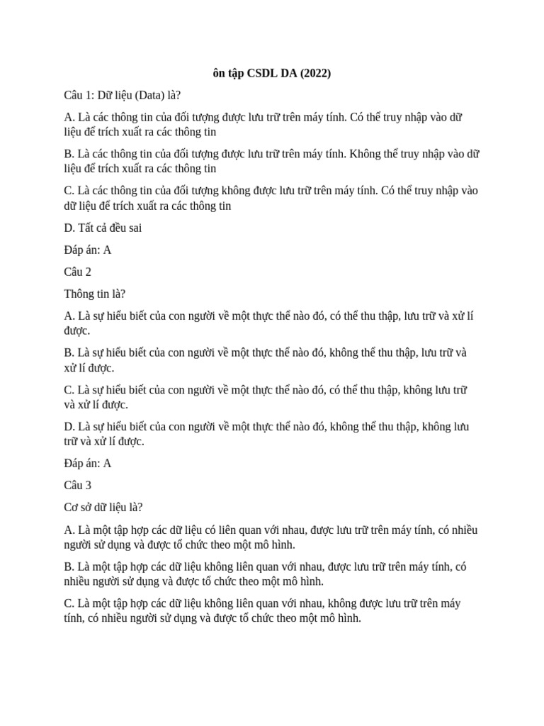 On - Tap - CSDL - 2022 - Da | PDF