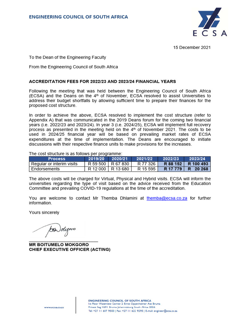 ECSA 2022-23 and 2023-24 Accreditation Fees Annoucement | PDF