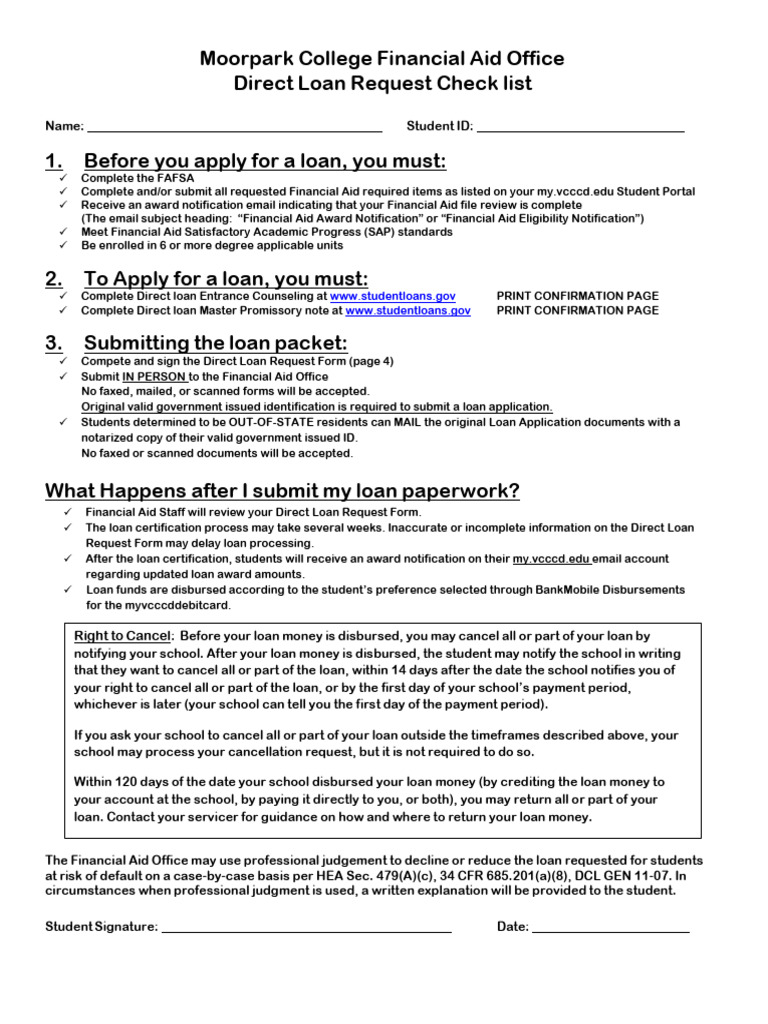Moorpark College Direct Loan Checklist | PDF | Student Loans In The ...