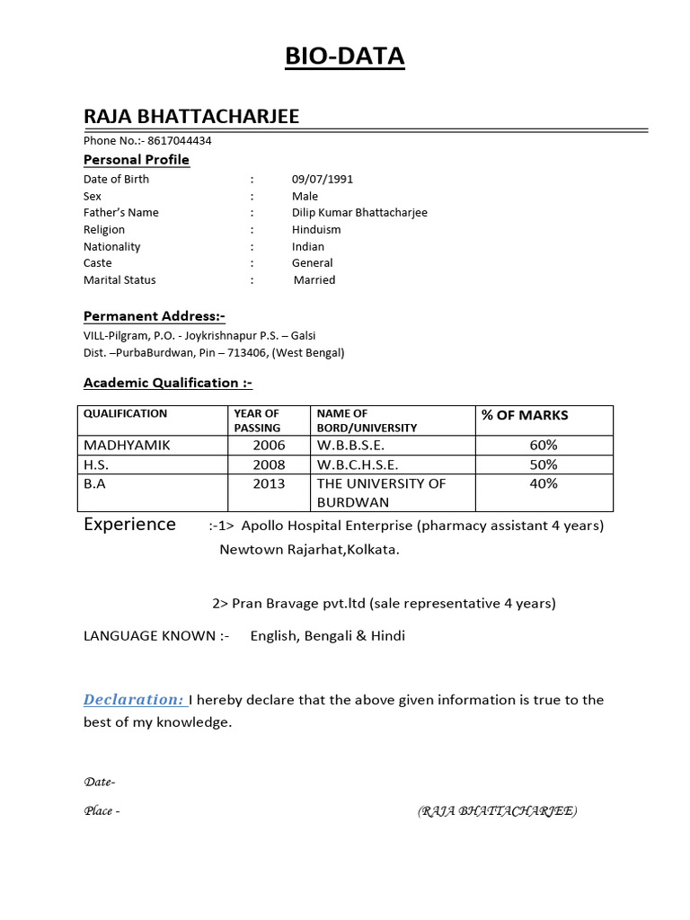 Raja Bhattacharjee Bio-Data | PDF