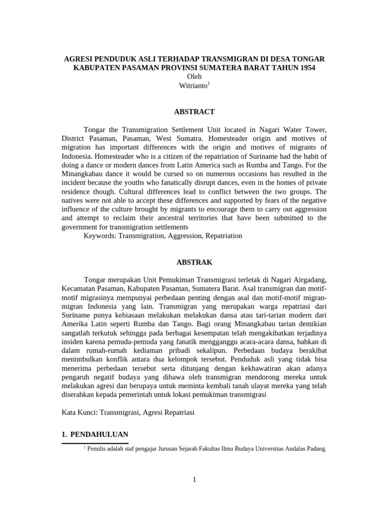 Agresi Penduduk Asli Terhadap Transmigran Di Desa Tongar Kabupaten Pasaman Provinsi Sumatera ...