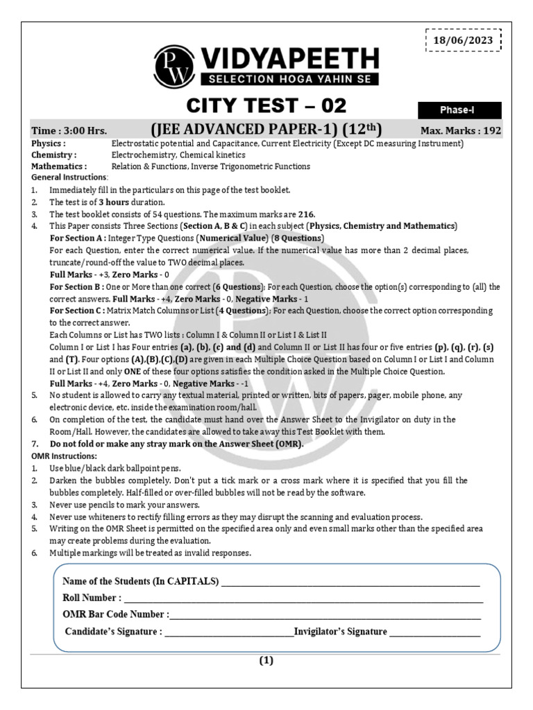 City Test 02 - Test Paper 01 | PDF | Volt | Electricity