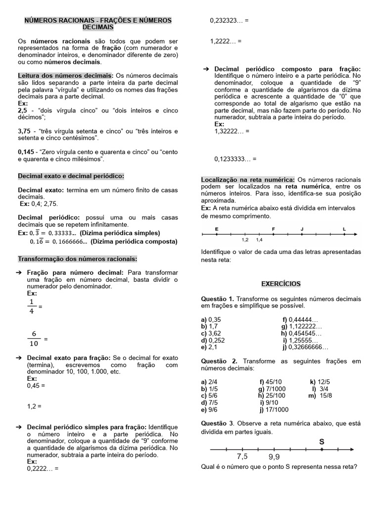 7a - Números Racionais - Frações e Números Decimais | PDF | Decimal ...