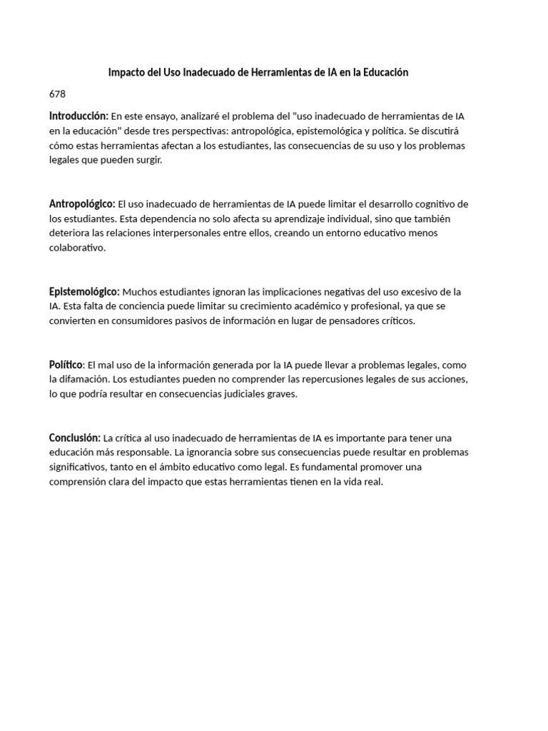 Impacto Del Uso Inadecuado de Herramientas de IA en La Educación. Maria ...