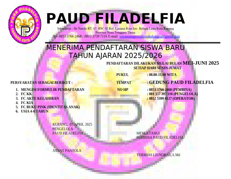 Berkas Pendaftaran Paud Filadelfia | PDF