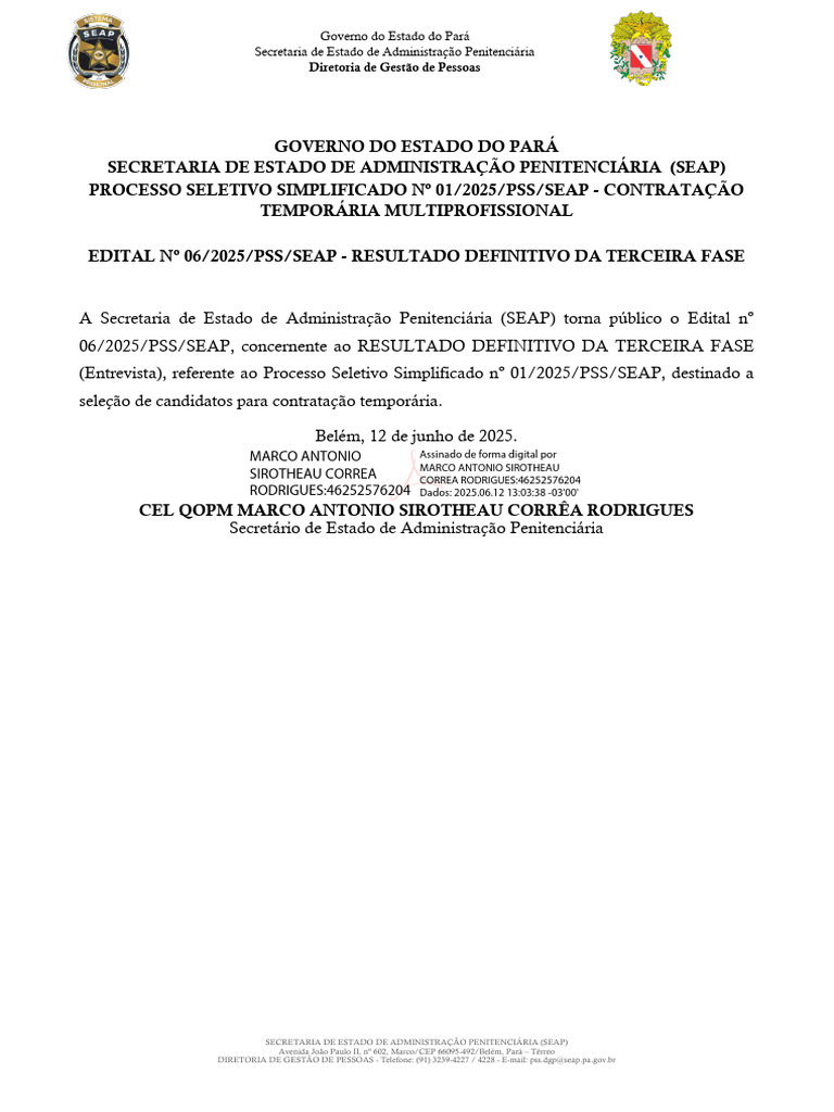 Pss N 01 2025 Pss Seap Edital N 06 2025 Pss Seap Resultado Definitivo 3 Fase 1749760438 | PDF ...