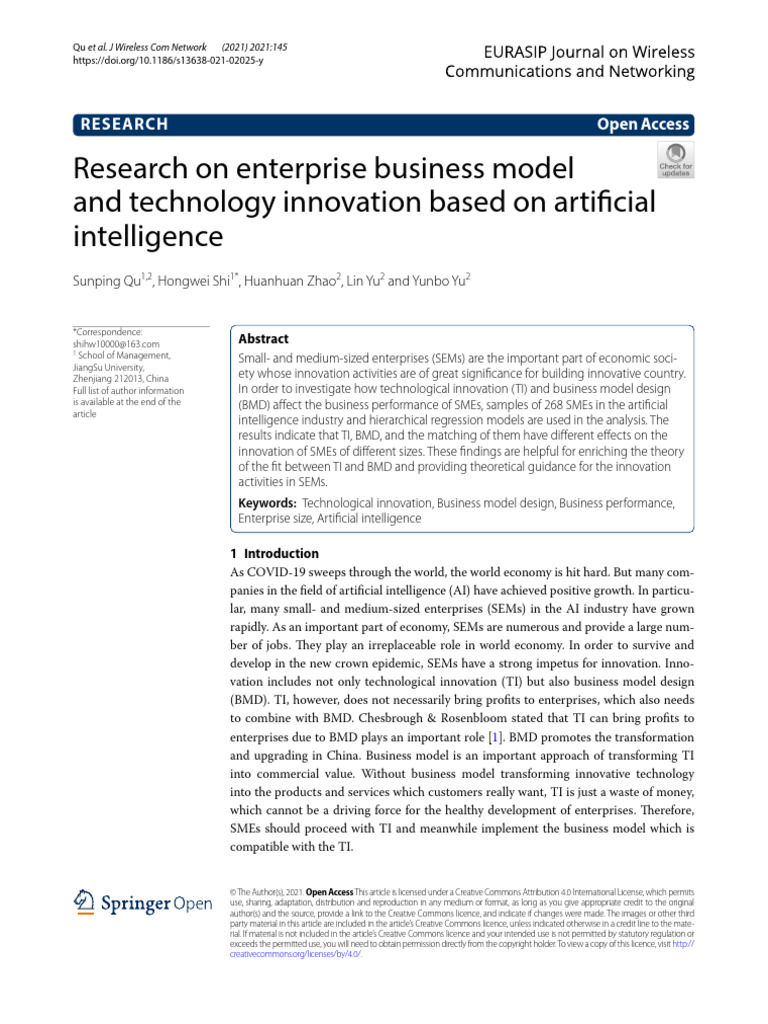 Qu Et - Al (2021) Research On Enterprise Business Model and Technology Innovation Based On AI ...