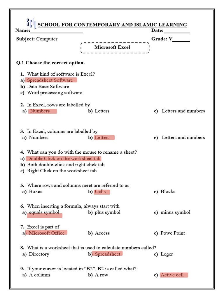 Excel Basics for Grade V Students | PDF