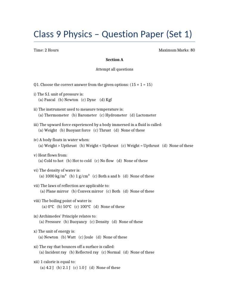 Class9 Physics Final QuestionPaper Set1 | PDF | Temporal Rates ...