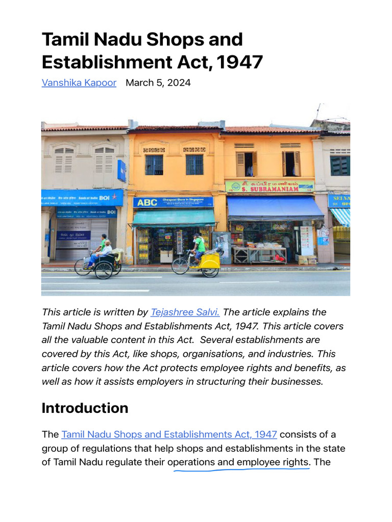 Tamil Nadu Shops and Establishments Act 1947 | PDF | Employment ...