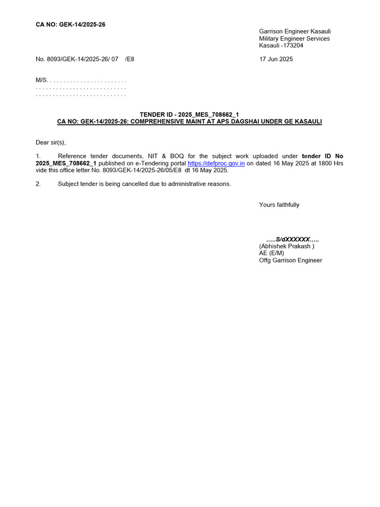 Cancellation of Tender Ge K 142526 | PDF