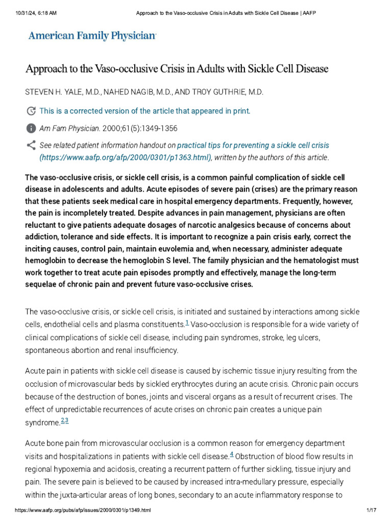 Approach To The Vaso-Occlusive Crisis in Adults With Sickle Cell ...