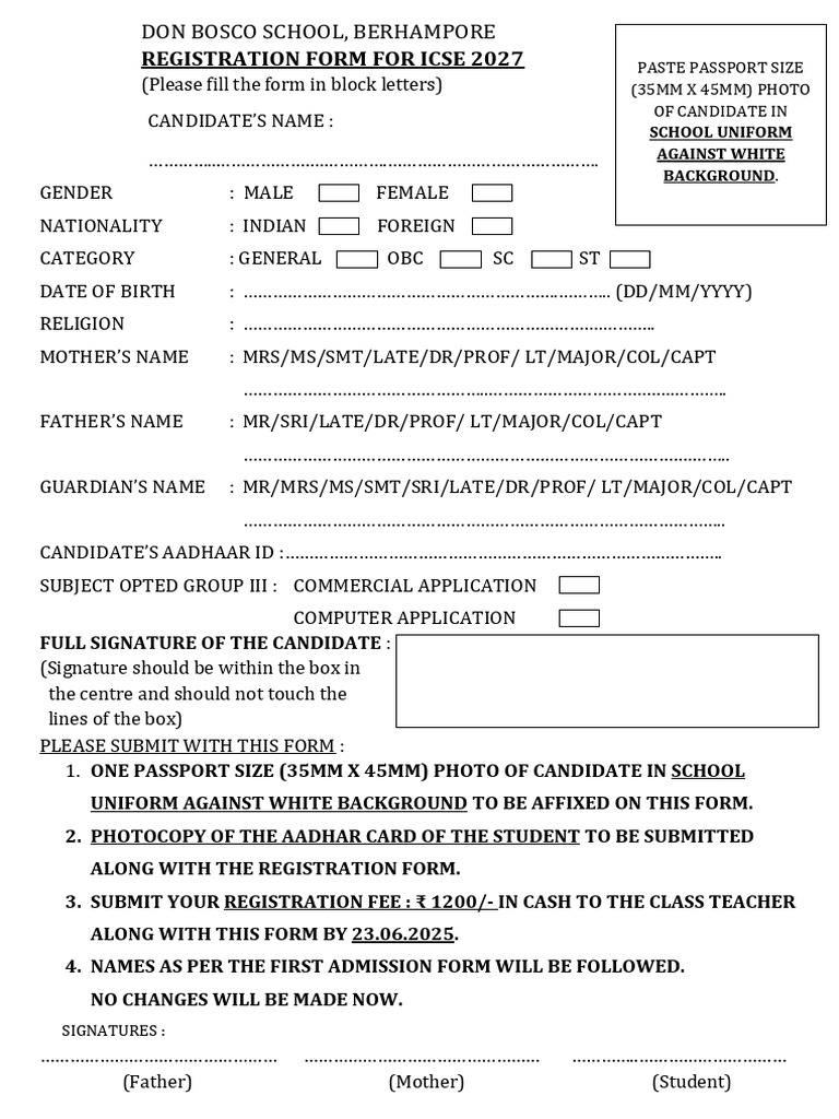 ICSE Registration CL 9 Form Batch 2027 | PDF