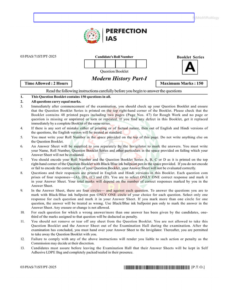 Perfection Ias Test - (03) Question Paper (Mh-01) - Removed | PDF