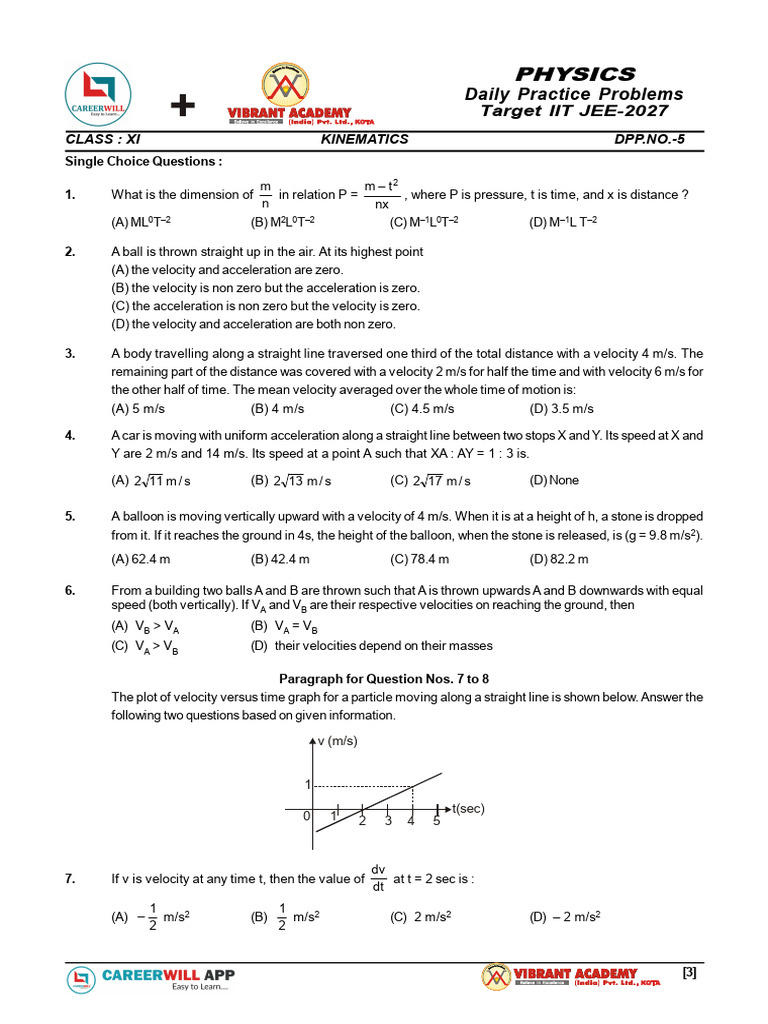 NEET Kinematics Daily Practice Problems | PDF | Acceleration | Velocity