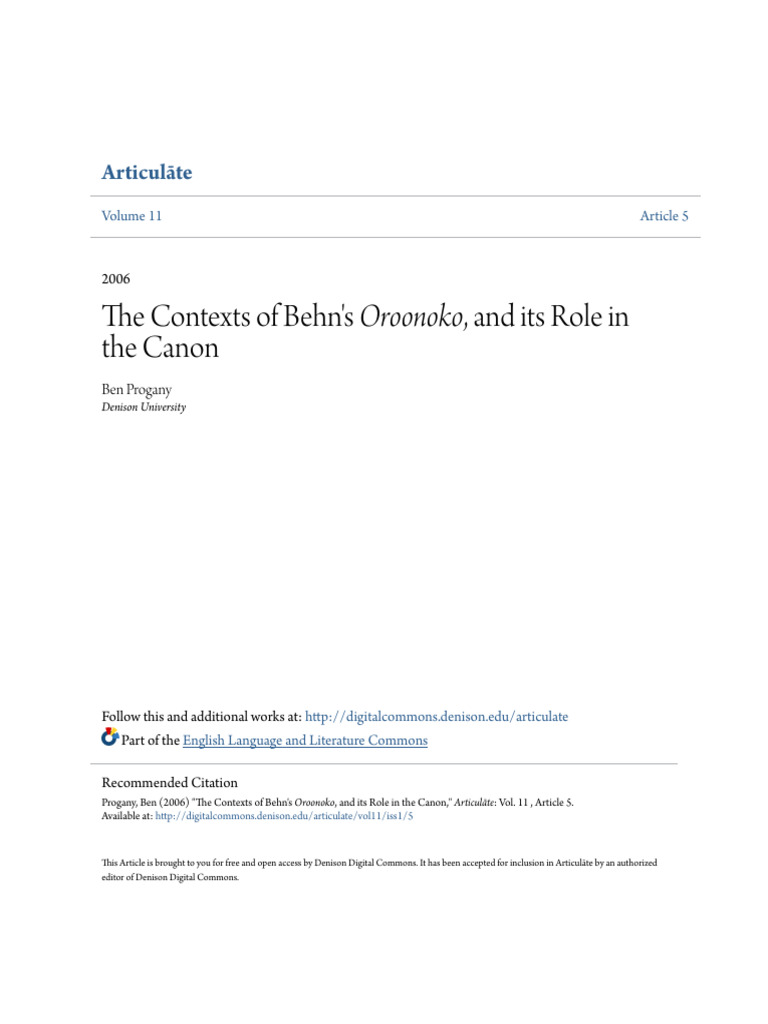 The Contexts of Behns - I - Oroonoko - I - and Its Role in The Canon ...