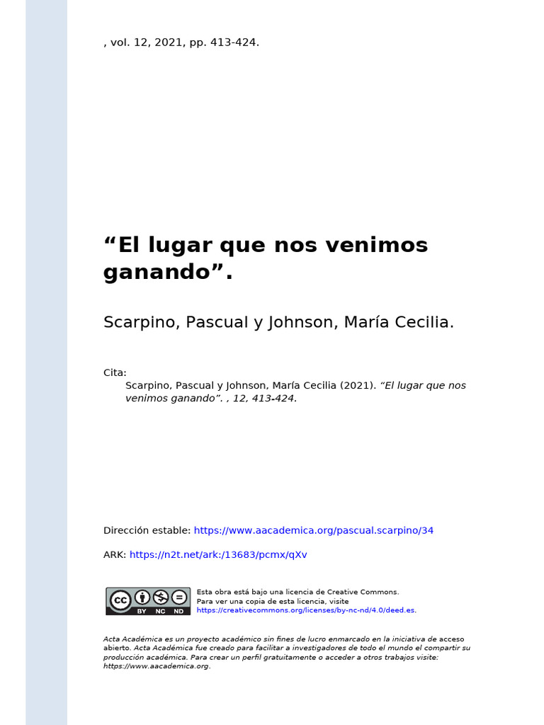 Scarpino, Pascual y Johnson, María (...) (2021). “El lugar que nos ...