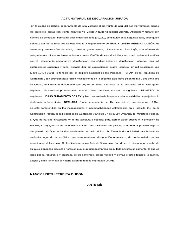 Declaracion Jurada Nancy Pereira 2023 | PDF | Gobierno | Ley común