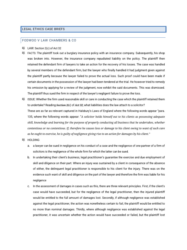 Brief Cases On Legal Ethics | PDF | Negligence | Lawsuit