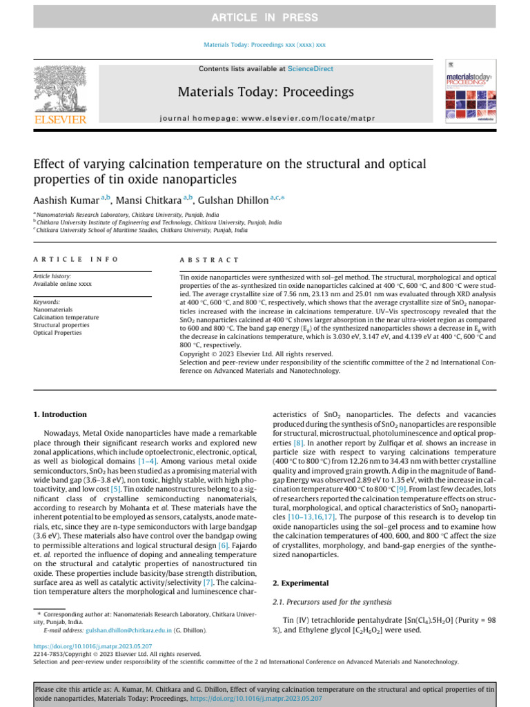 Effect of Varying Calcination Temperature On The Structu 2023 Materials Toda | PDF ...