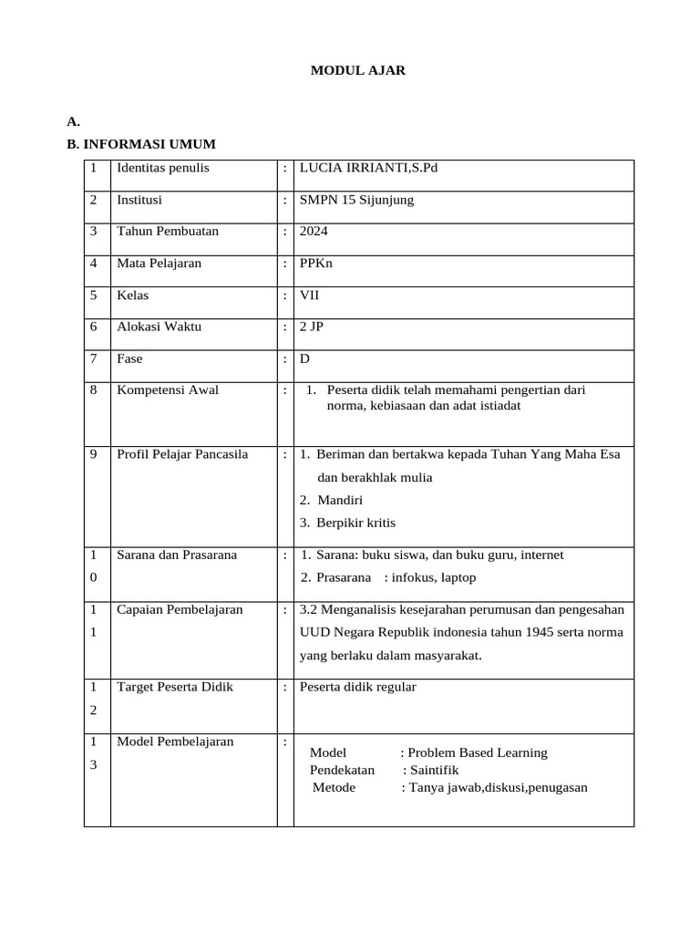 Modul Ajar PPKN Kls 7 Norma | PDF