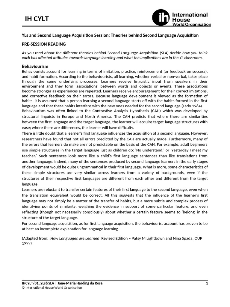 01 YLs and Second Language Acquisition Pre-Session Reading | PDF ...