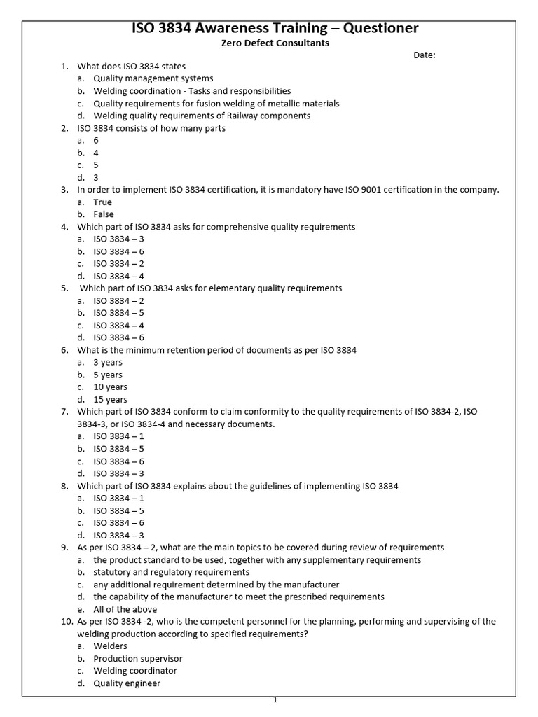 ISO 3834 Awareness Training Questioner | PDF