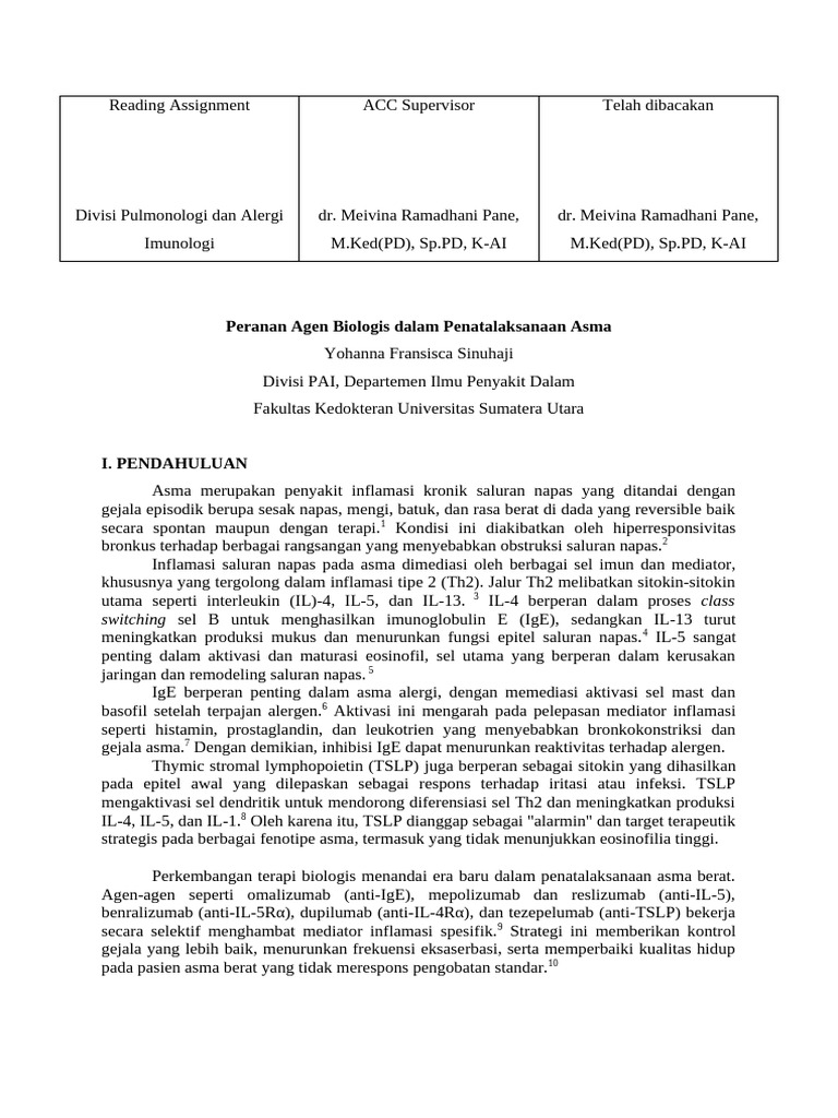 Reading Assignment AI Yohanna Fransisca Sinuhaji - Agen Biologis Dalam Penatalaksanaan Asma | PDF