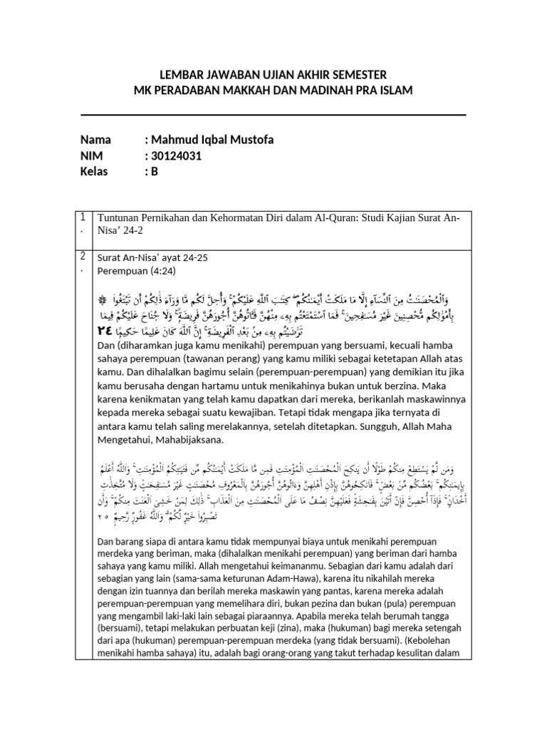 Kelas B - Lembar Jawaban Uas Iat Peradaban Makkah Madinah | PDF