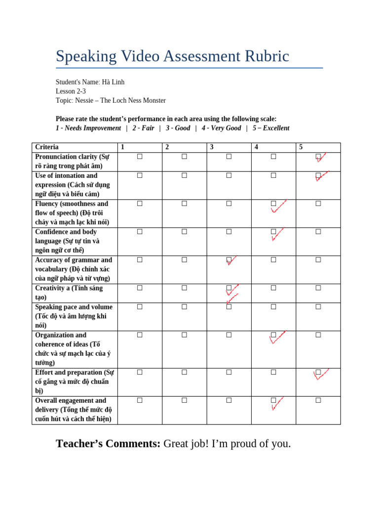 Speaking Video Assessment Rubric | PDF