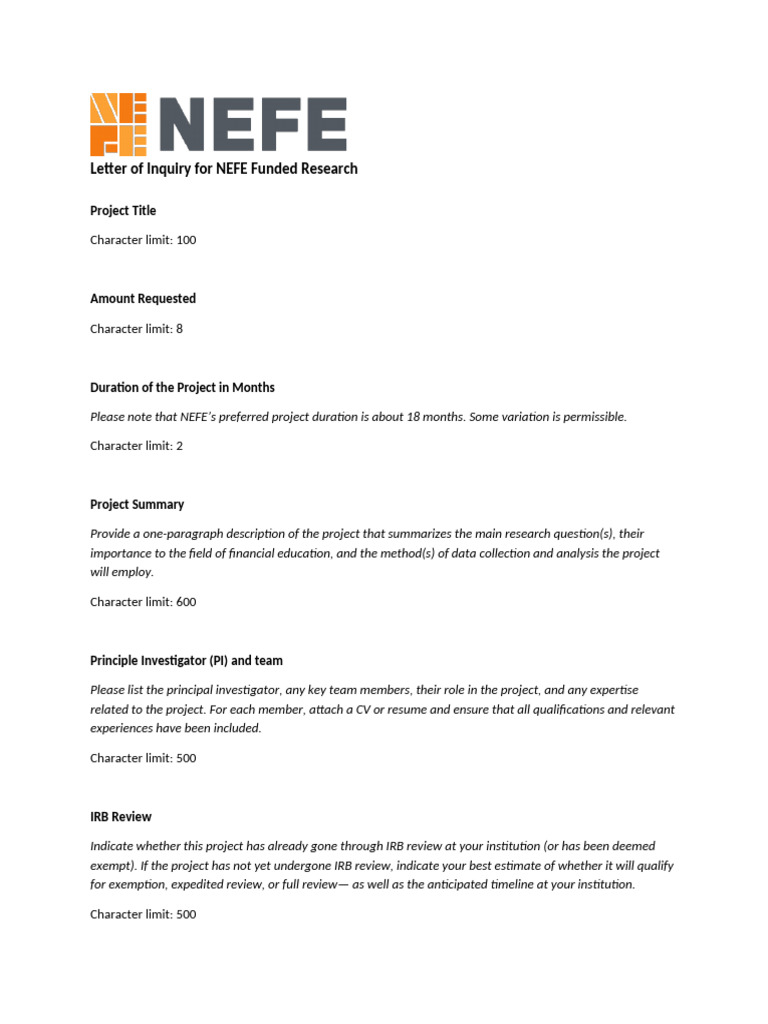 NEFE Research Inquiry Letter Template | PDF | Inquiry | Methodology