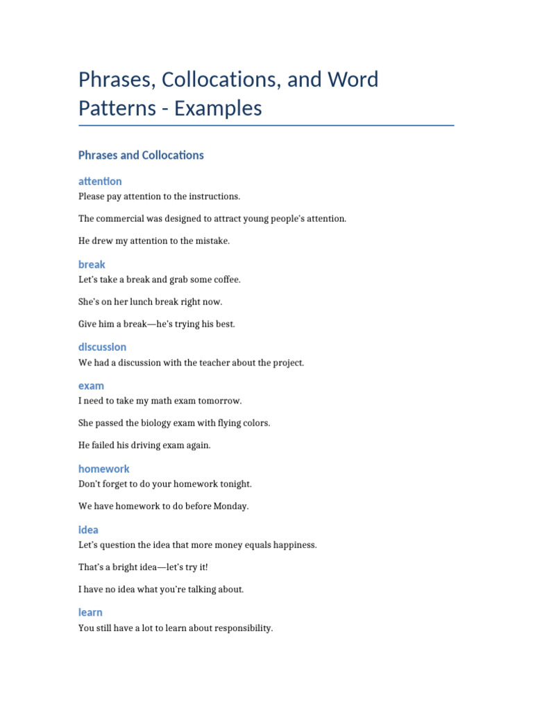 Phrases and Word Patterns Examples | PDF