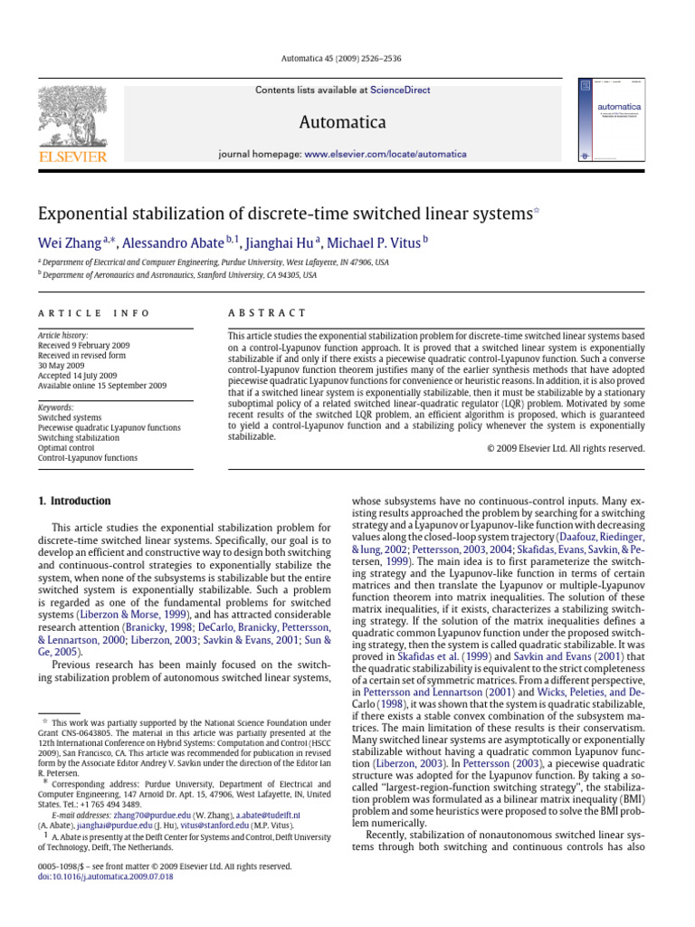 W Zhang 2009 Exponential Stabilization of Discrete-Time Switched Linear Systems | PDF | Function ...