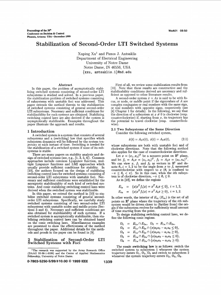 X Xu P J Antsaklis Stabilization of Second-Order LTI Switched Systems | PDF | Mechanics ...