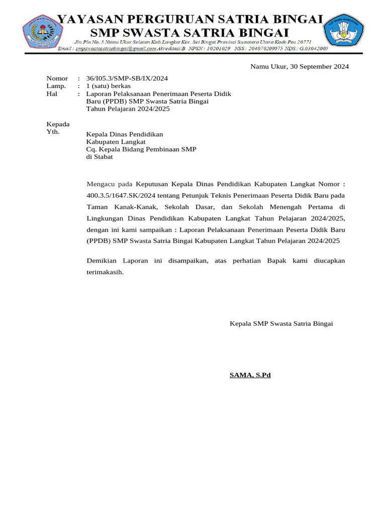 Laporan PPDB SMP Satria Bingai 2024/2025 | PDF