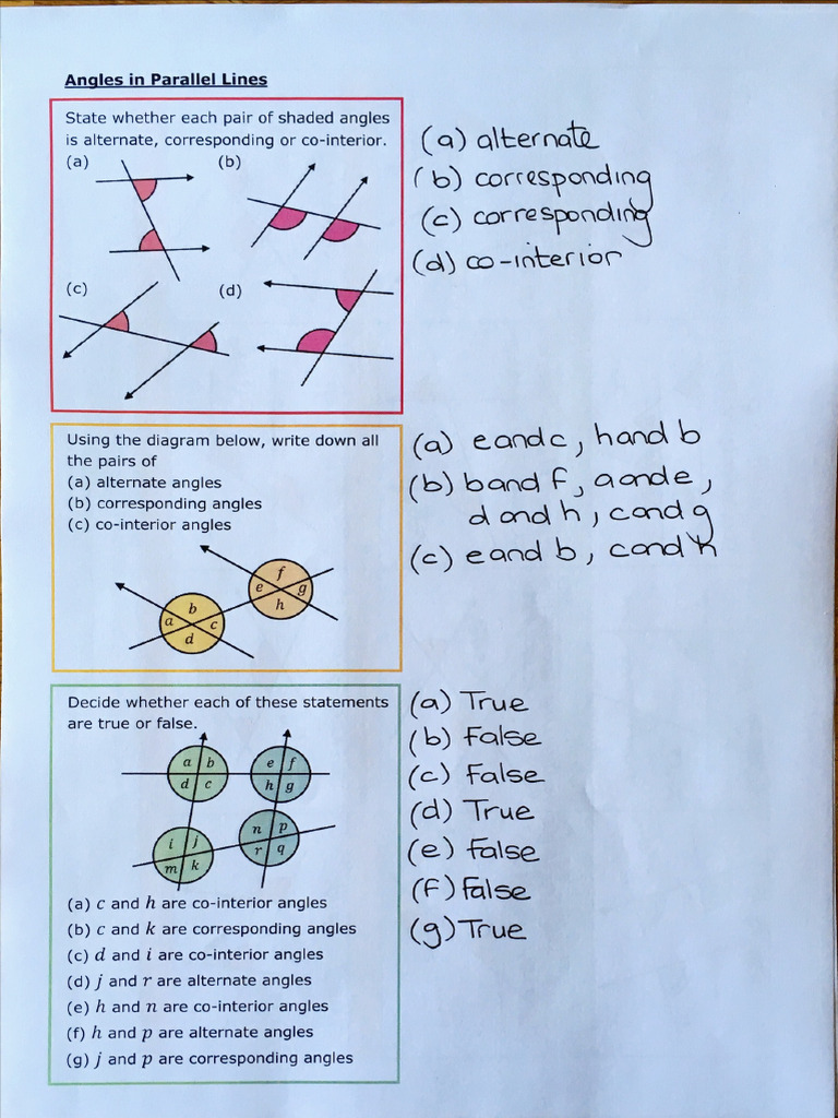Angles in Parallel Lines Practice Strips Answers | PDF