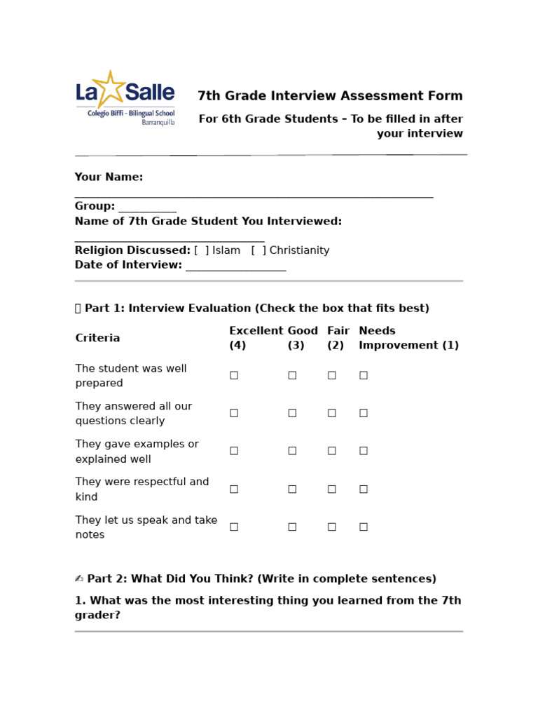 7th Grade Interview Assessment Form | PDF