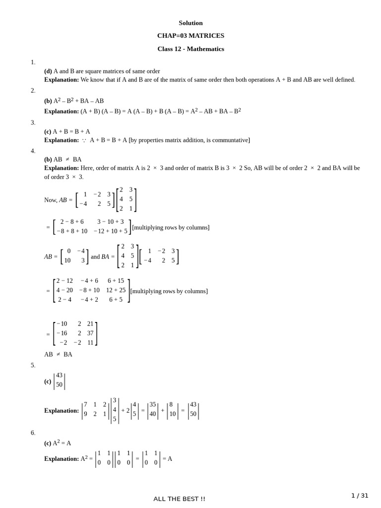 Chap-03 Matrices Solution Both DPP-1379531 | PDF | Functional Analysis | Matrix Theory