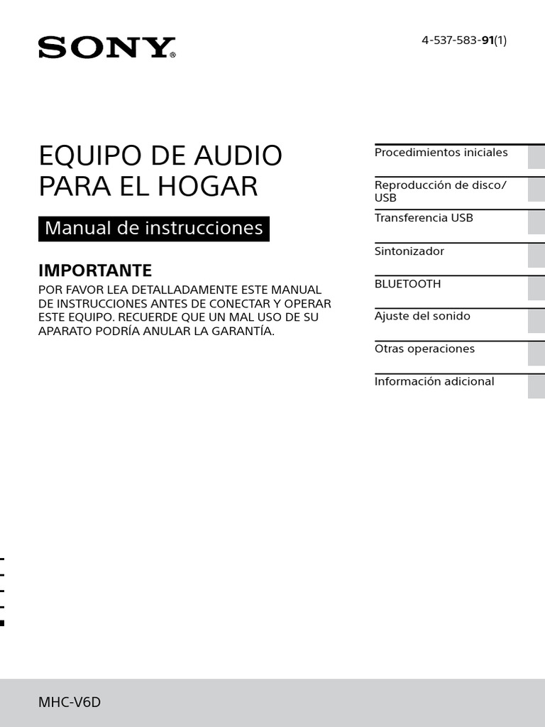 Manual de Usuario SONY Soundtower MHC-V6D | PDF | Disco compacto | Tecnología de información y ...