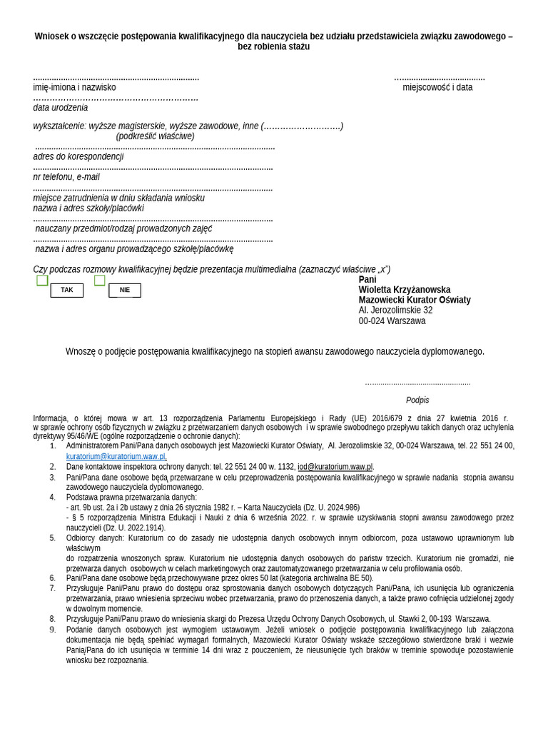 Wniosek o Wszczecie Postepowania Dla Nauczyciela Bez Zwiazku Bez Odbywania Stazu | PDF