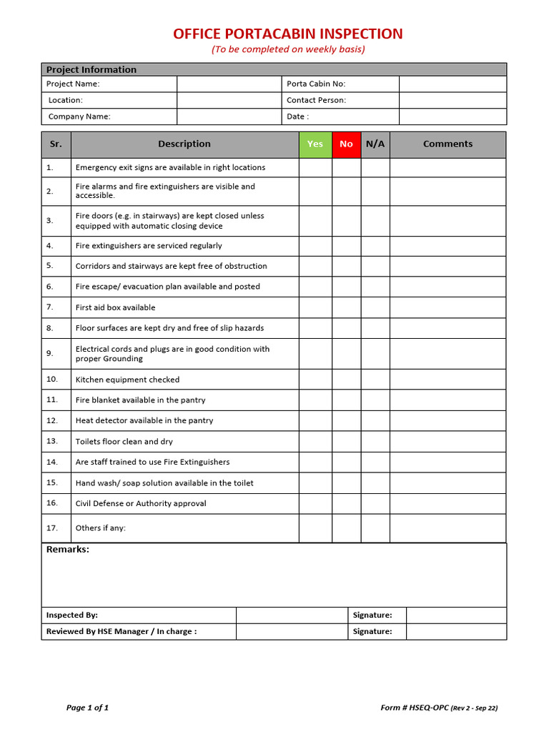 Weekly Porta Cabin Safety Inspection Checklist | PDF