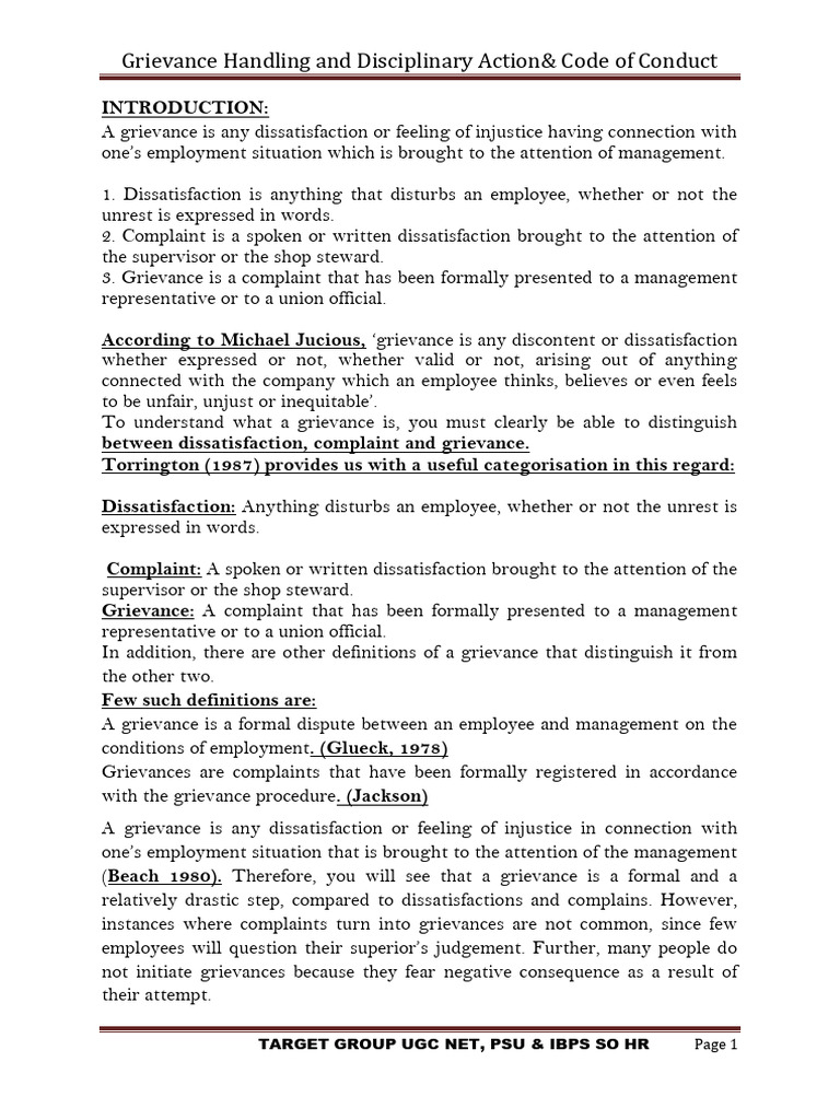 Grievance Handling and Disciplinary Action, Code of Conduct | PDF ...