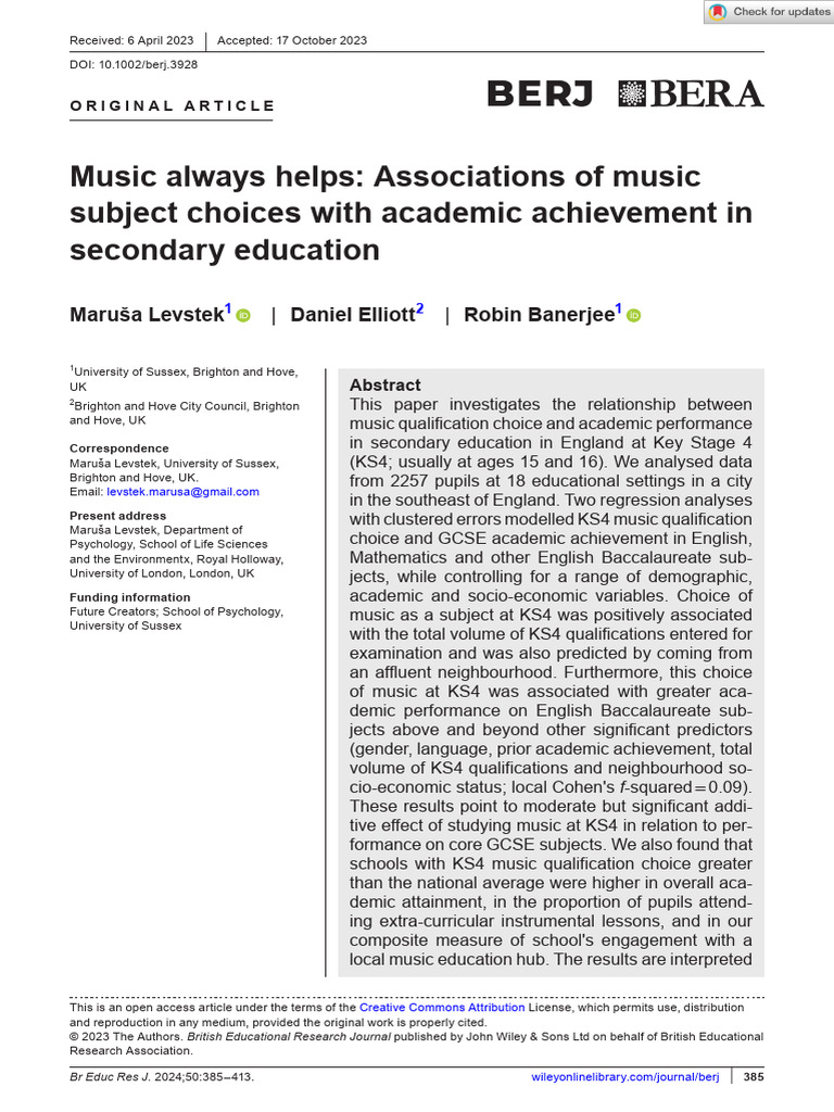 British Educational Res J - 2023 - Levstek - Music Always Helps ...