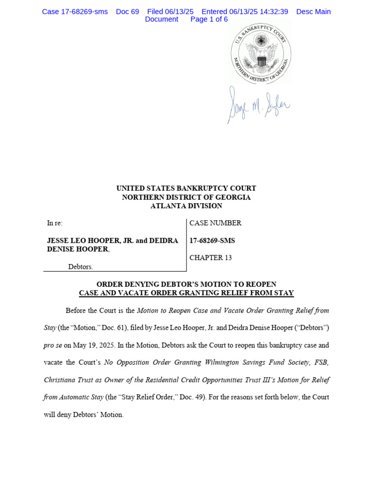 Order Denying Debtor's Motion | PDF | Bankruptcy | Foreclosure