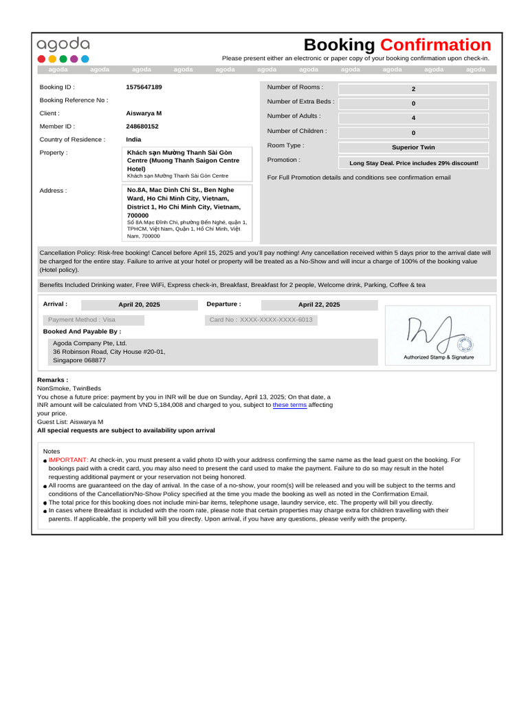 Confirmation For Booking ID # 1575647189 | PDF | Ho Chi Minh City