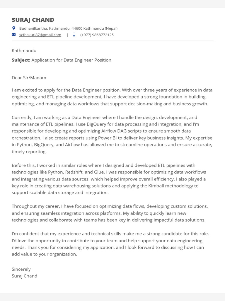 Data Engineer Application by Suraj Chand | PDF