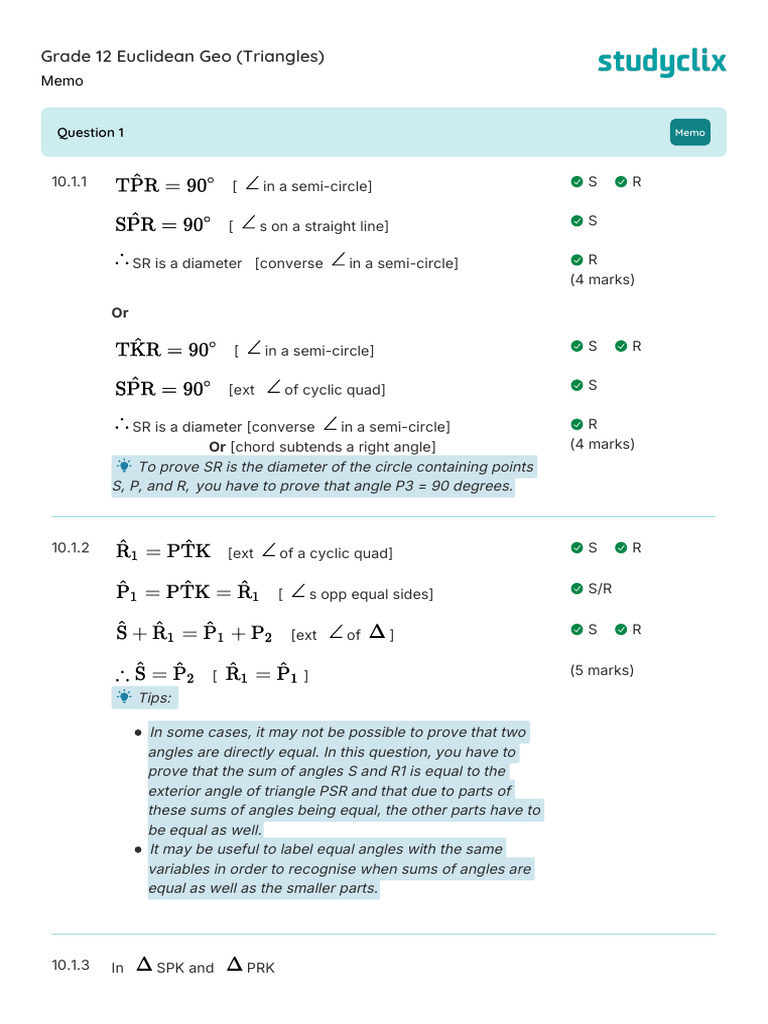 Grade 12 Euclidean Geo (Triangles) Memos | PDF | Circle | Triangle
