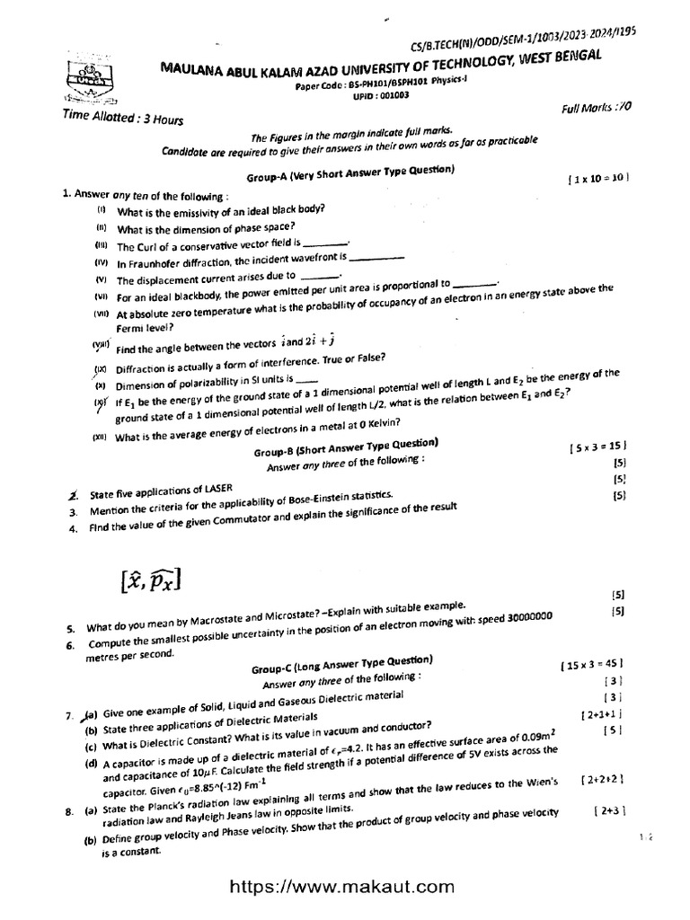 Btech 1 Sem Physics 1 Bs Ph101 2024 | PDF